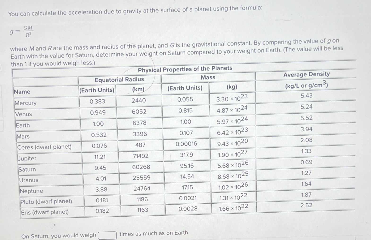 Solved You can calculate the acceleration due to gravity at | Chegg.com