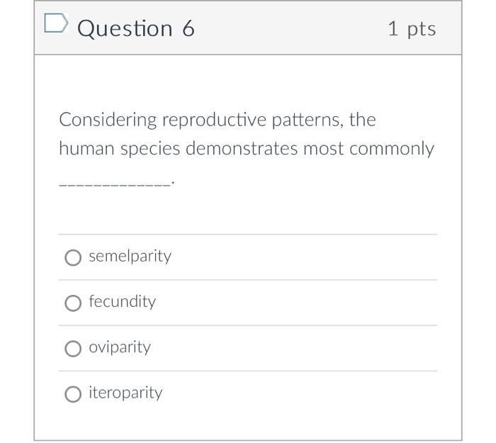 Solved Question 6 1 pts Considering reproductive patterns, | Chegg.com