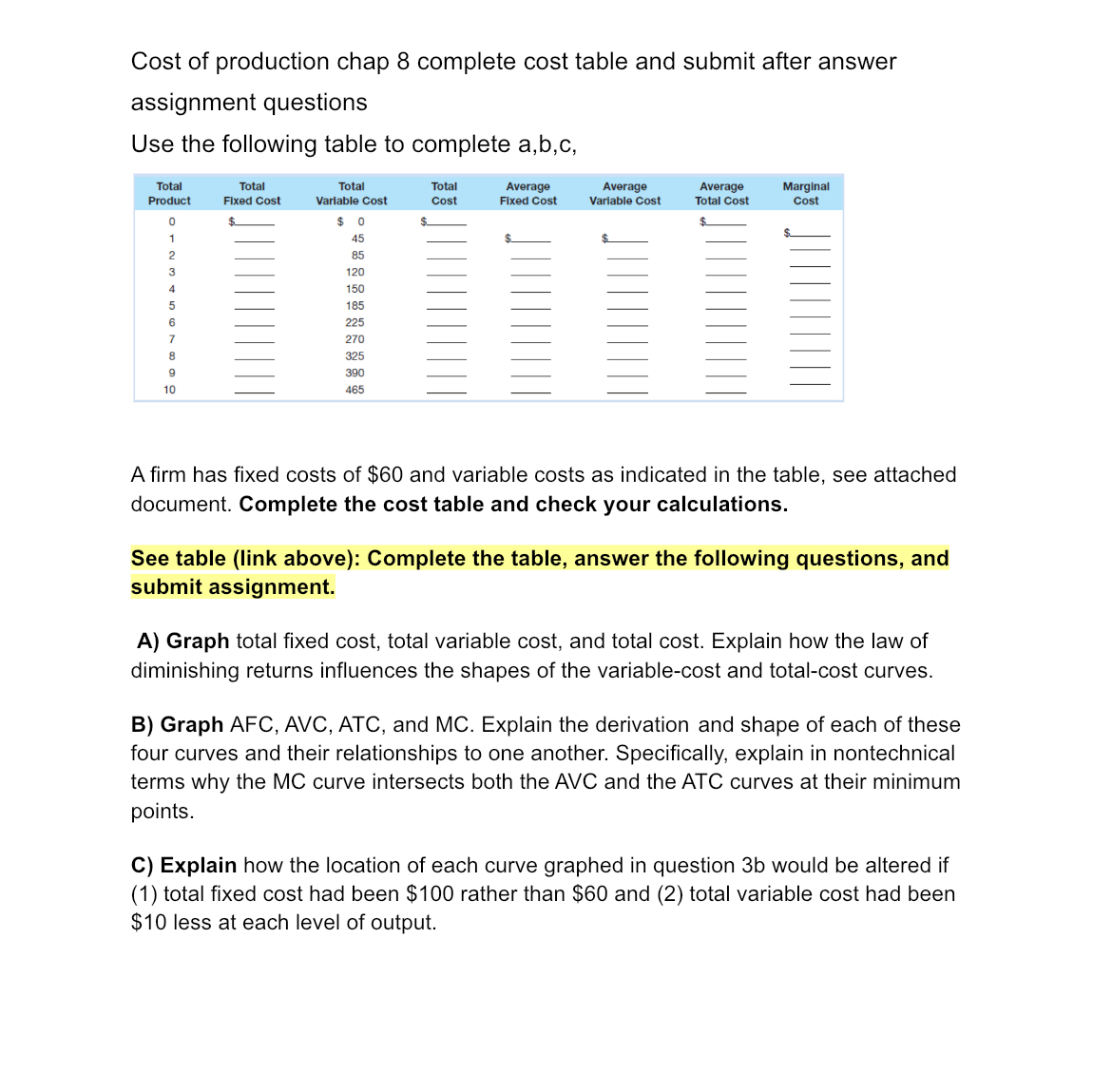 Solved Cost of production chap 8 ﻿complete cost table and | Chegg.com