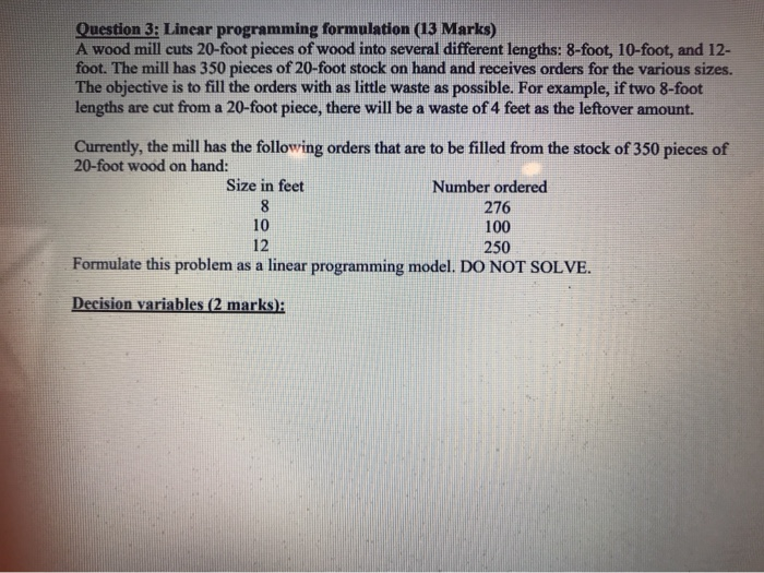 Solved Question 3: Linear programming formulation (13 Marks) | Chegg.com