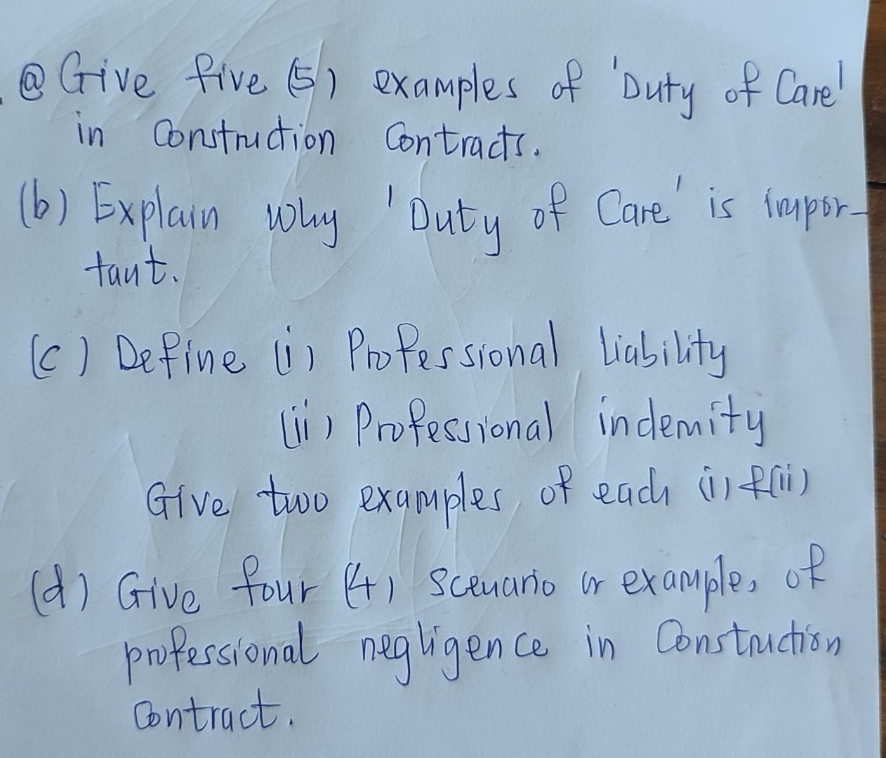 Solved @Give five (5) examples of Duty of Care! in | Chegg.com