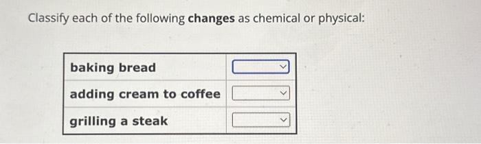 Solved Classify each of the following changes as chemical or | Chegg.com