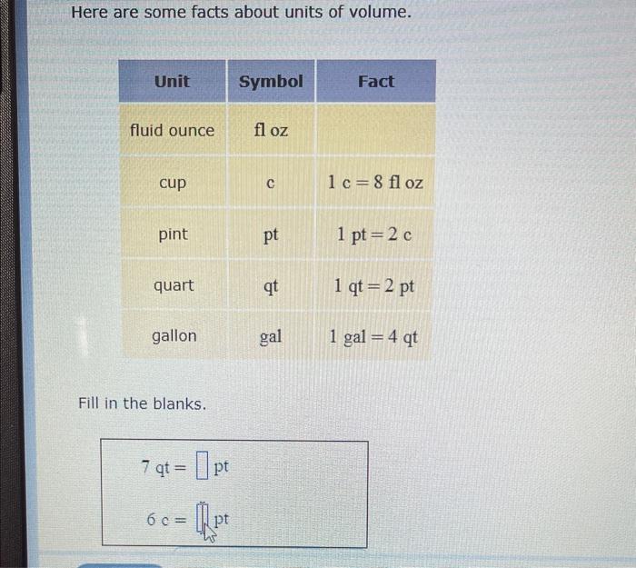 Solved Here are some facts about units of volume. Fill in | Chegg.com