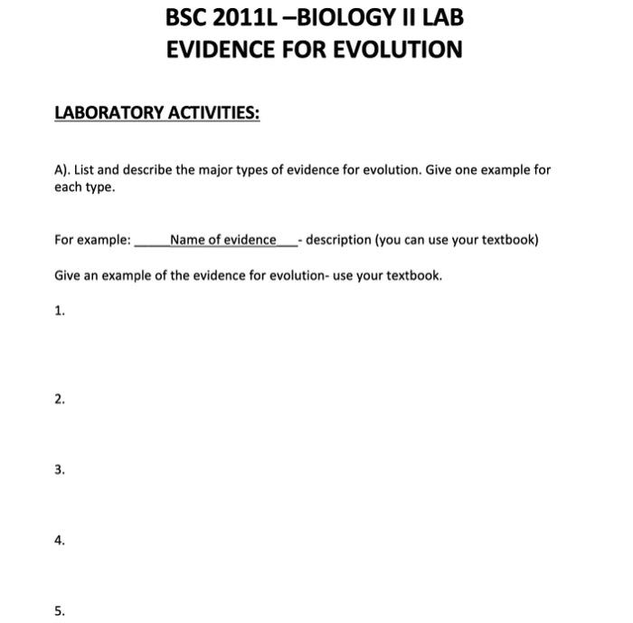 Solved BSC 2011L -BIOLOGY II LAB EVIDENCE FOR EVOLUTION | Chegg.com