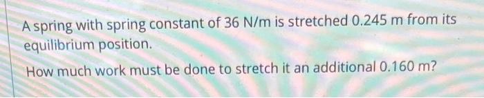 Solved A spring with spring constant of 36 N/m is stretched | Chegg.com