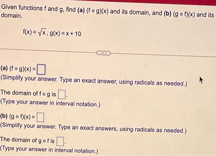 Solved Given functions f and g, find (a)(f∘g)(x) and its | Chegg.com