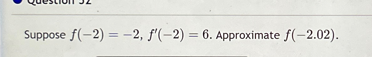 Solved Suppose f(-2)=-2,f'(-2)=6. ﻿Approximate f(-2.02). | Chegg.com