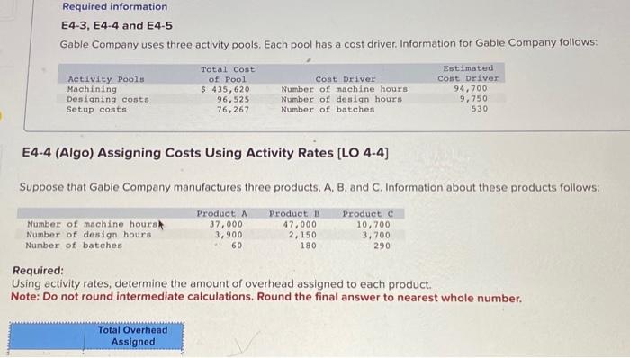 Solved E4-3, E4-4 and E4-5 Gable Company uses three activity | Chegg.com