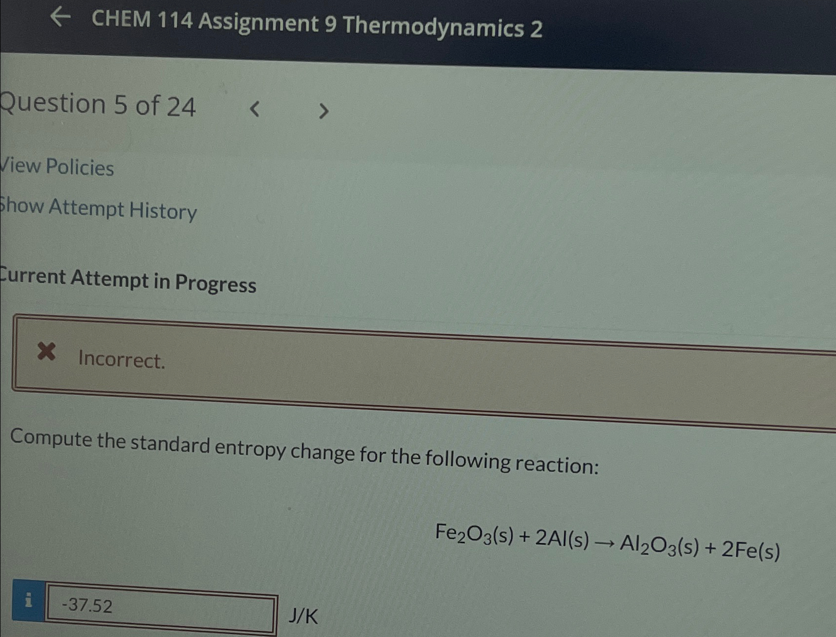 Solved CHEM 114 ﻿Assignment 9 ﻿Thermodynamics 2Question 5 | Chegg.com