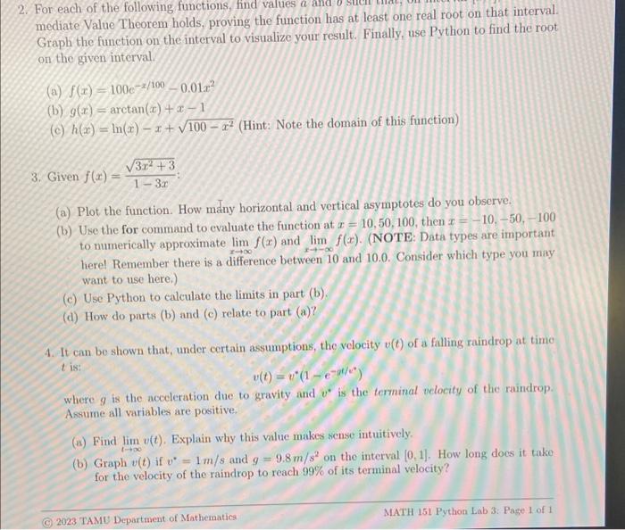 Solved 2. For each of the following functions, find values a | Chegg.com