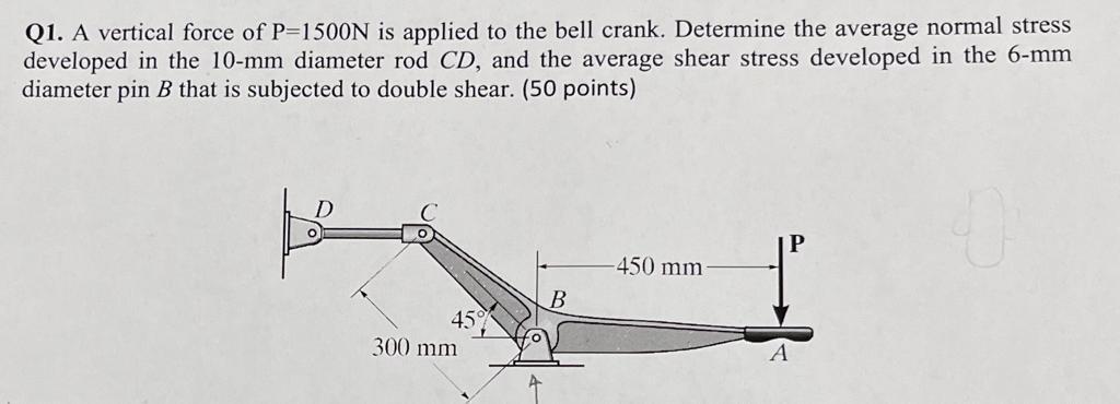 Solved Q1. A vertical force of P=1500 N is applied to the | Chegg.com