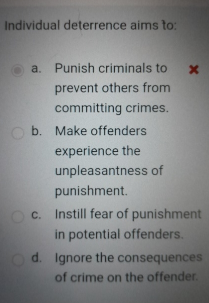 Solved Individual deterrence aims to:a. ﻿Punish criminals to | Chegg.com