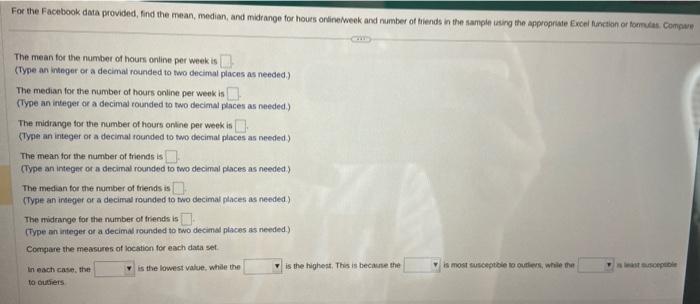 Solved Facebook data 2. using the appropriate Excel funcion | Chegg.com