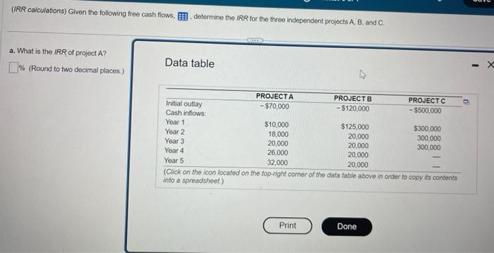 Solved (IRR calculations) Given the following free cash | Chegg.com