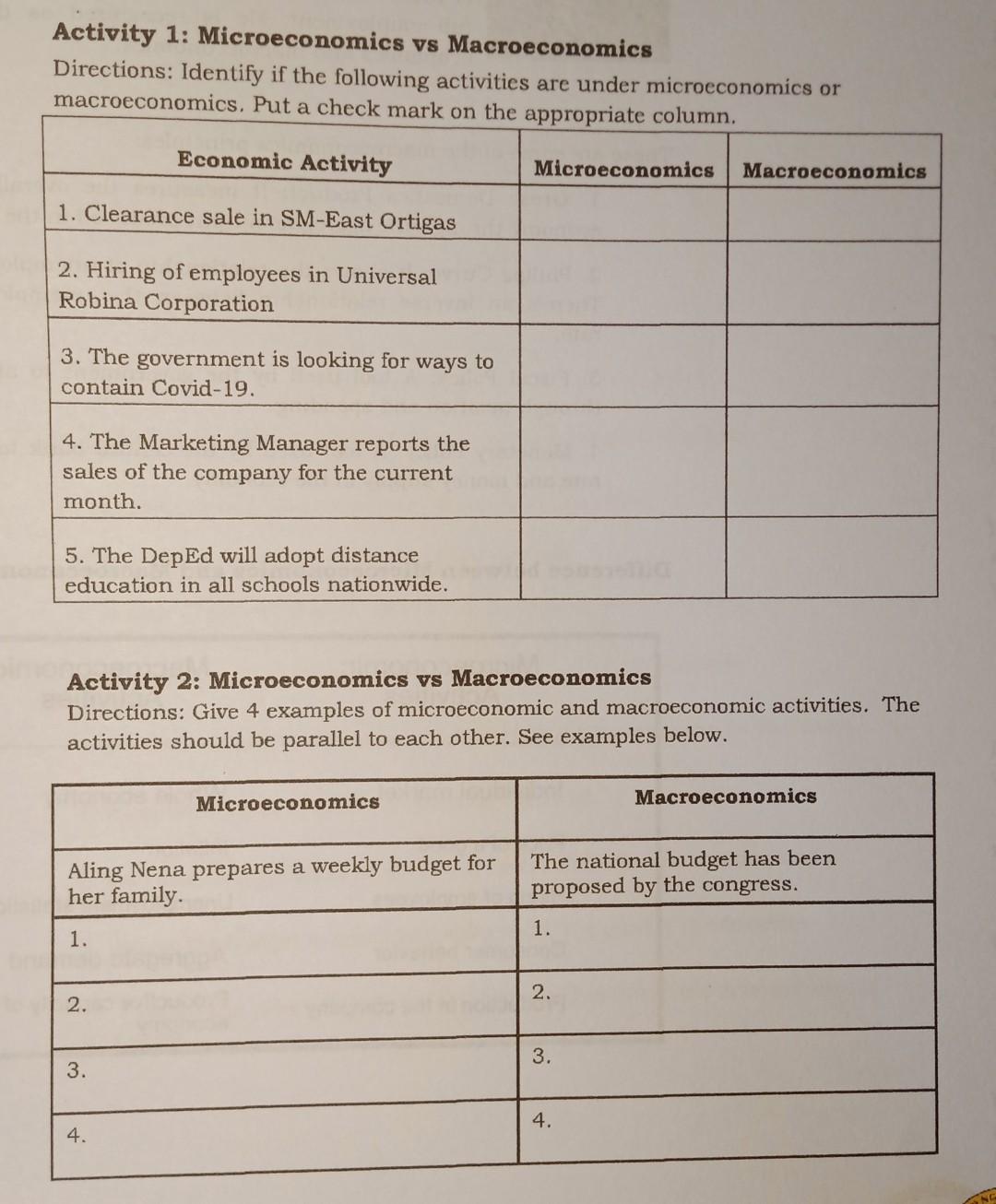 Solved Activity 1: Microeconomics vs Macroeconomics | Chegg.com