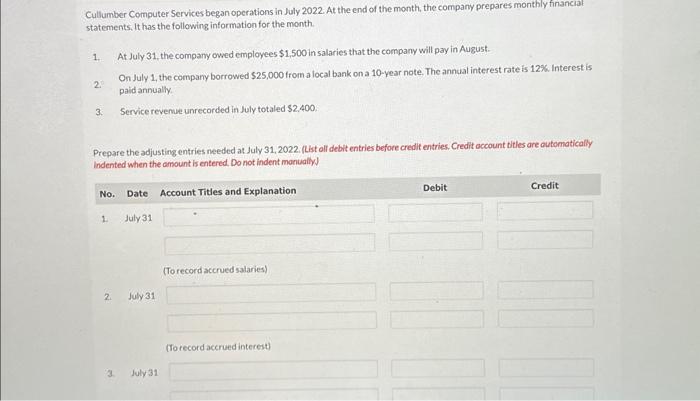 Solved Cullumber Computer Services began operations in July | Chegg.com