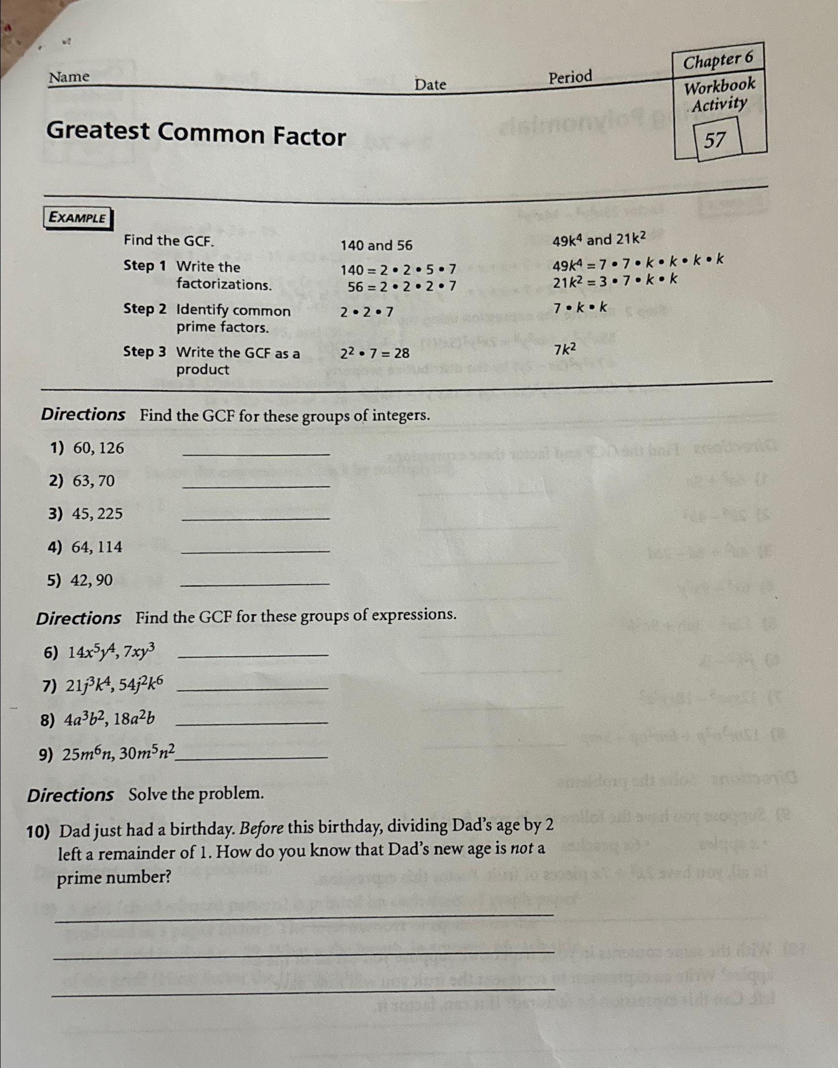 Solved NameDateChapter 6WorkbookGreatest Common | Chegg.com