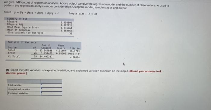 Solved We give JMP output of regression analysis. Above | Chegg.com