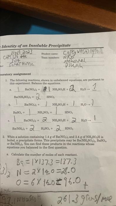 Solved Identity of an Insoluble Precipitate Nov! 2023 CAM | Chegg.com