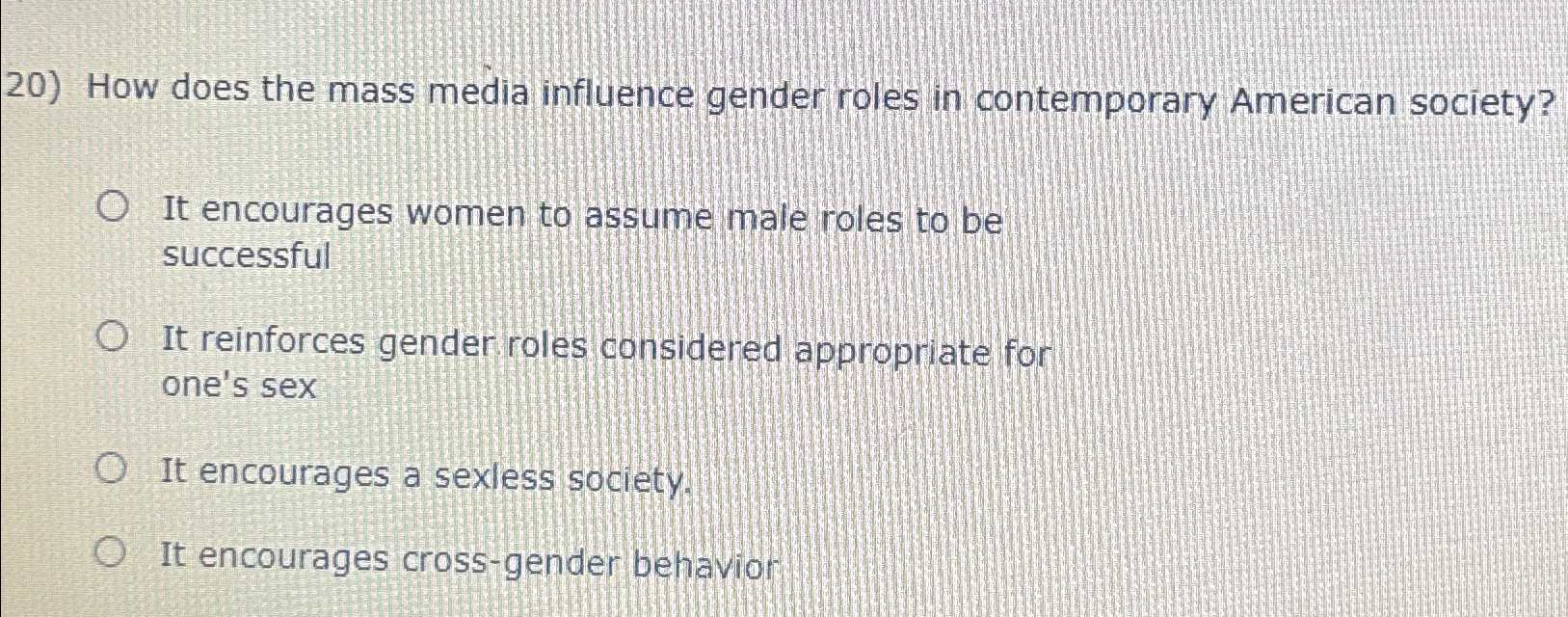 Solved How does the mass media influence gender roles in | Chegg.com