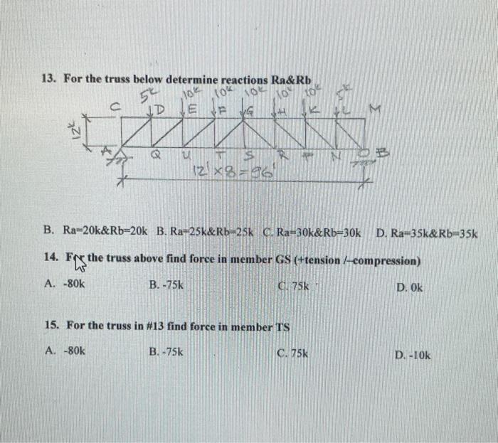 Solved 13. For the truss below determine reactions Ra&Rb 5k | Chegg.com