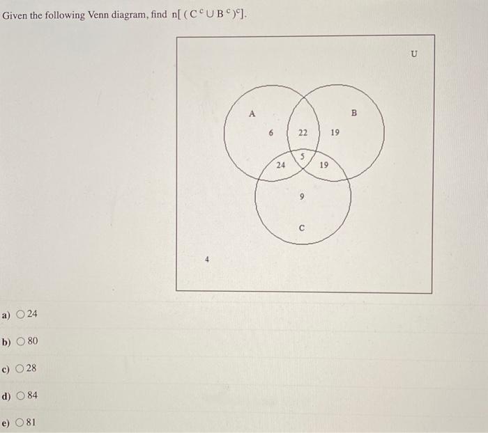 Solved Given the following Venn diagram, find n[(Cc∪Bc)c]. | Chegg.com