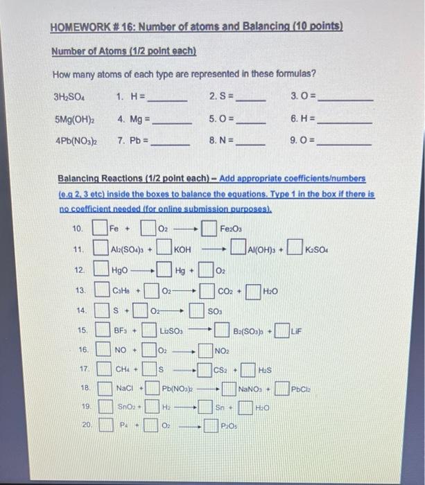 Solved HOMEWORK =16 : Number of atoms and Balancing (10 | Chegg.com
