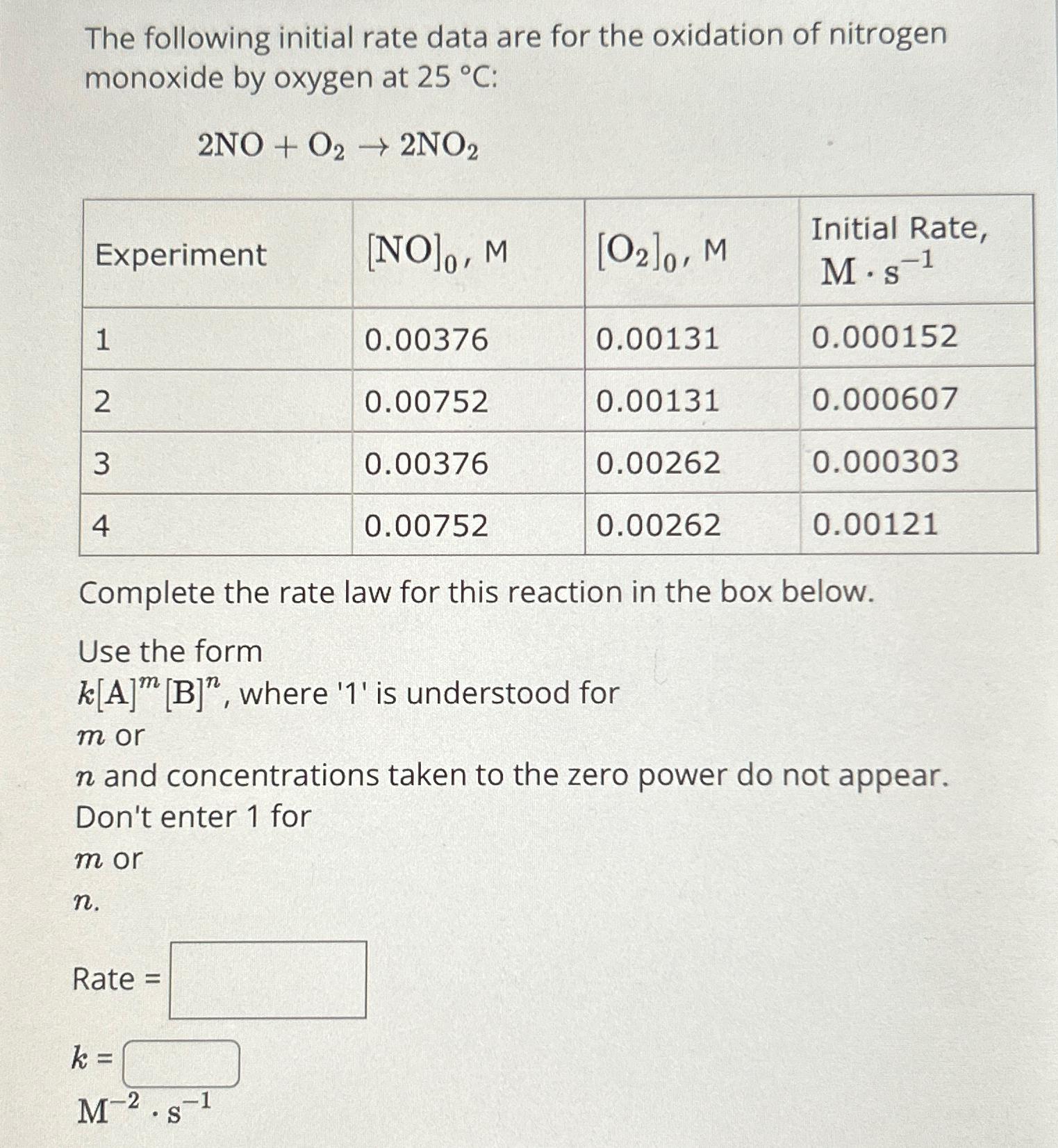 Solved The following initial rate data are for the oxidation | Chegg.com