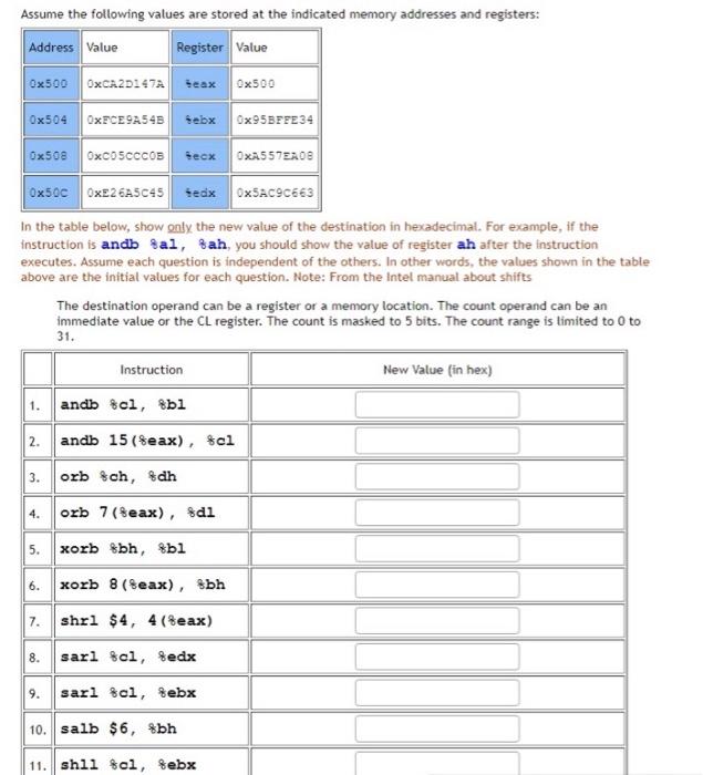 Solved Assume the following values are stored at the | Chegg.com