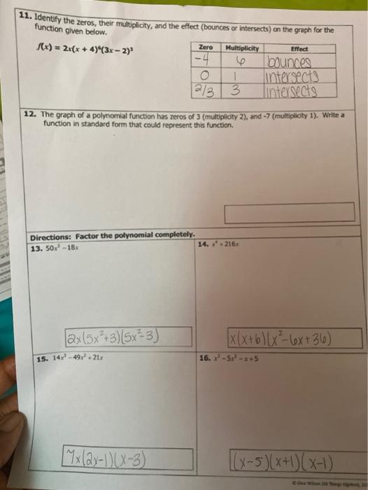 Solved Zero Multiplicity Effect 11. Identify the zeros, | Chegg.com