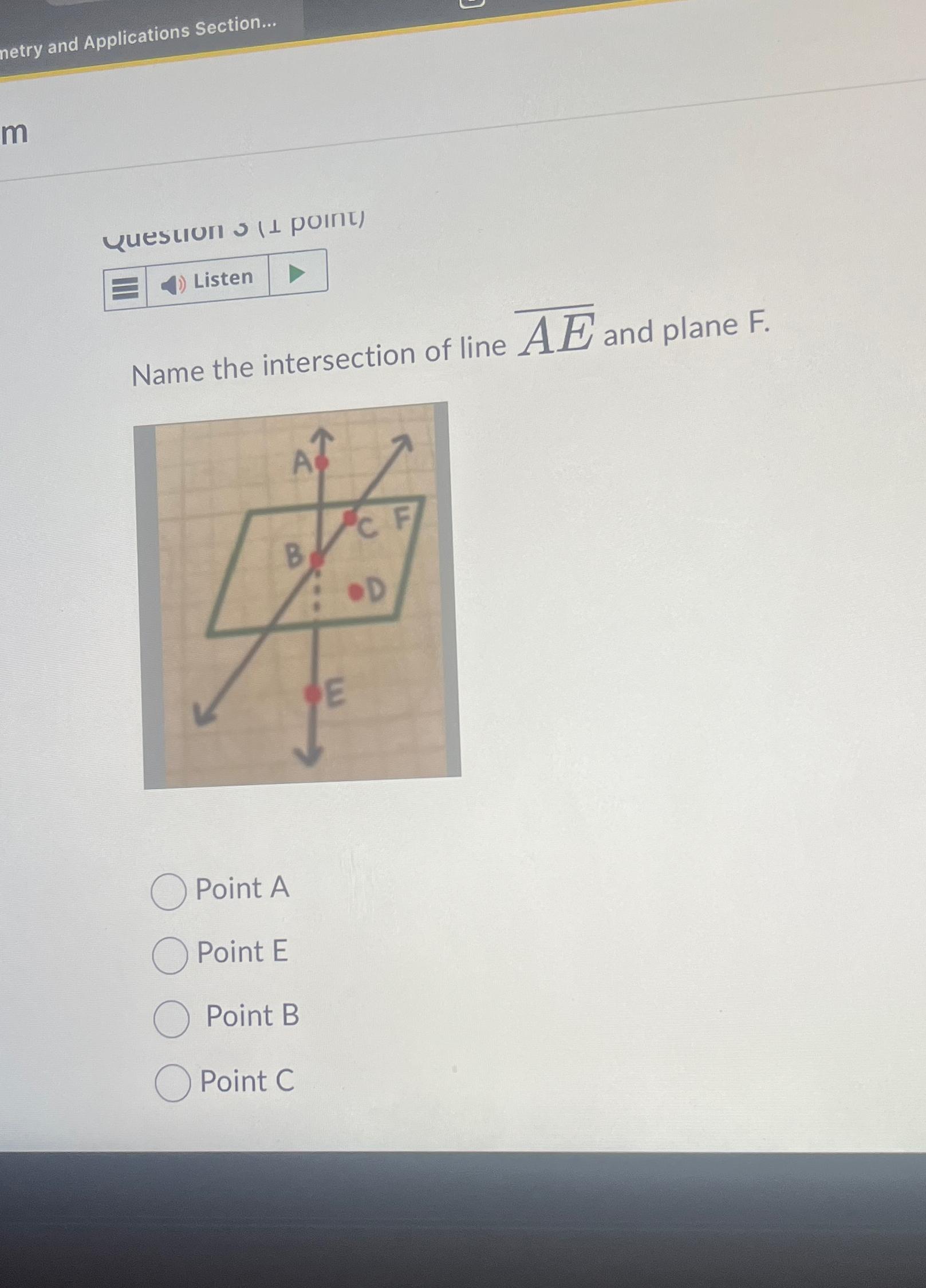 Solved Name the intersection of line ?bar (AE) ﻿and plane | Chegg.com