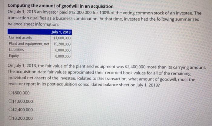 Solved Current assets Computing the amount of goodwill in an | Chegg.com
