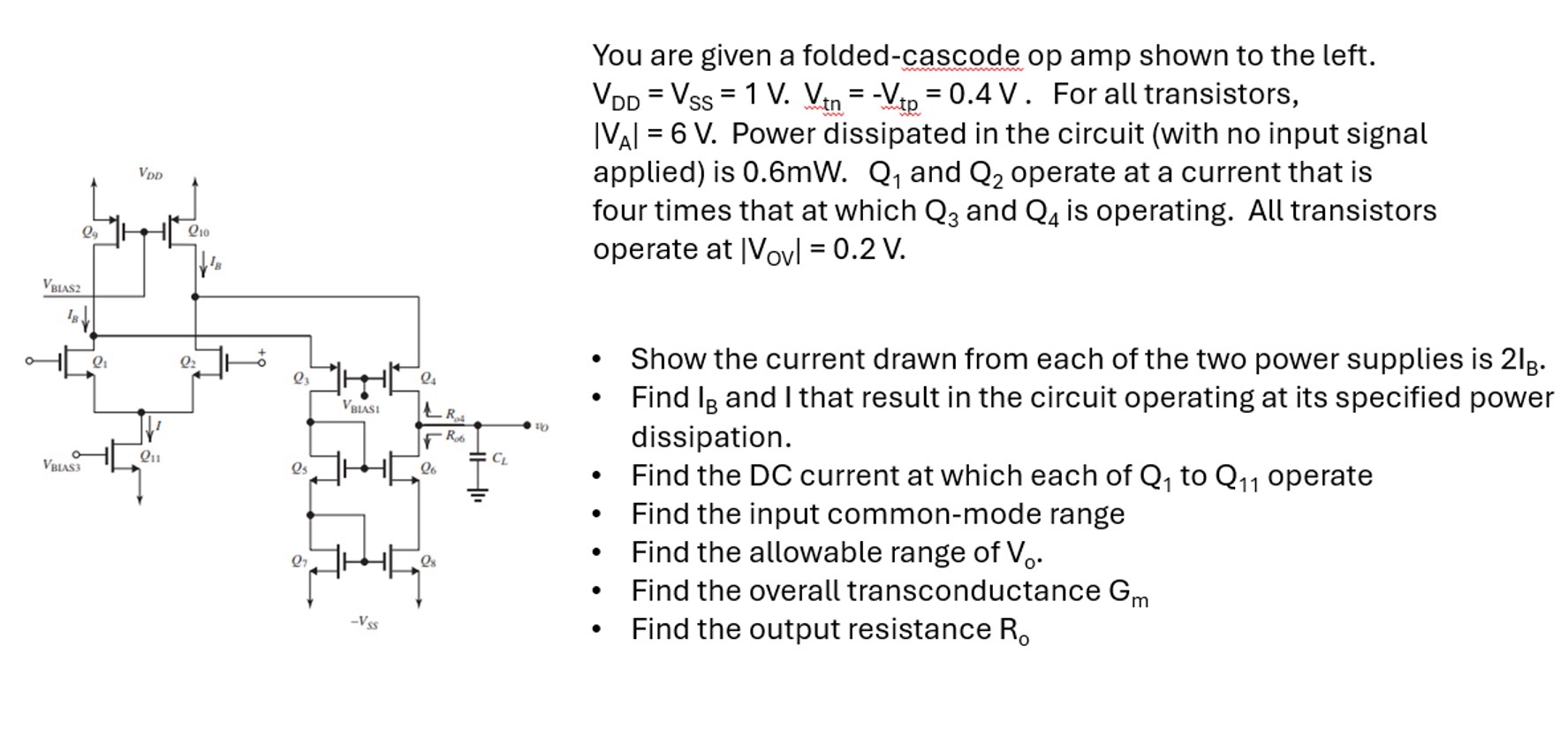 Solved You are given a folded-cascode op amp shown to the | Chegg.com