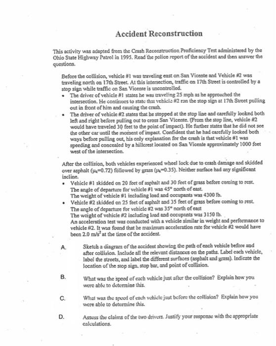 Solved Accident Reconstruction This activity was adapted | Chegg.com