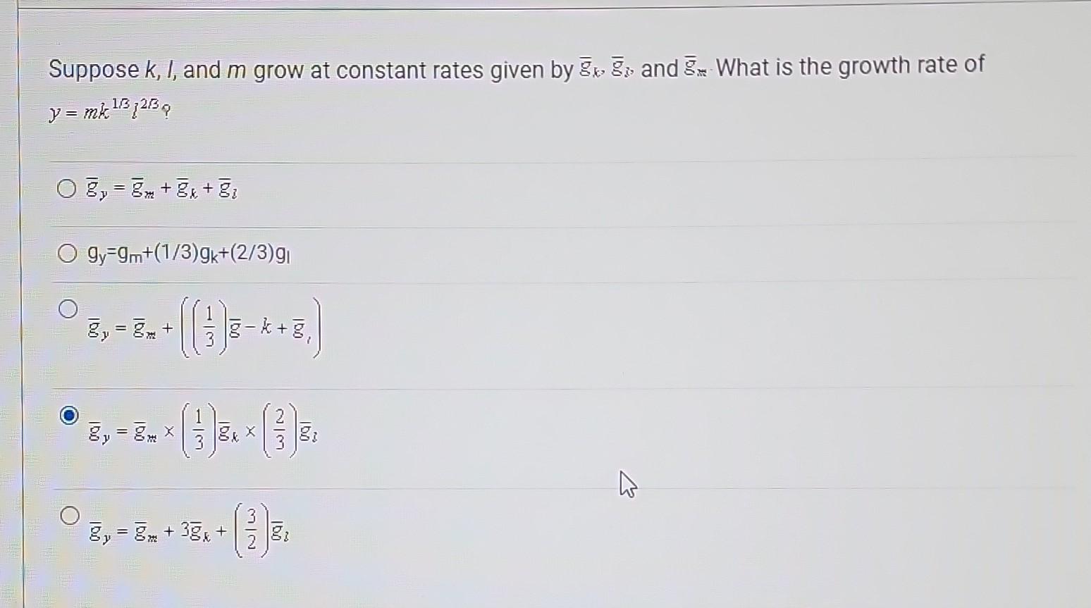Solved Suppose k,l, and m grow at constant rates given by | Chegg.com