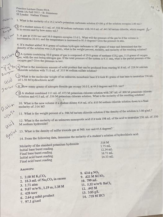 Solved Practice Lecture Exam Chem 3A Fall 2015-B Demons SI | Chegg.com