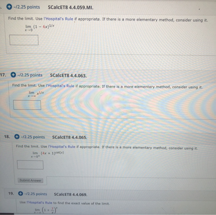 Solved -12.25 points ScalcET8 4.4.059.MI. Find the limit. | Chegg.com