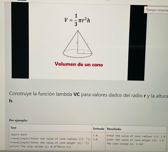 V=31πr2h Volumen de un cono Construye la función | Chegg.com