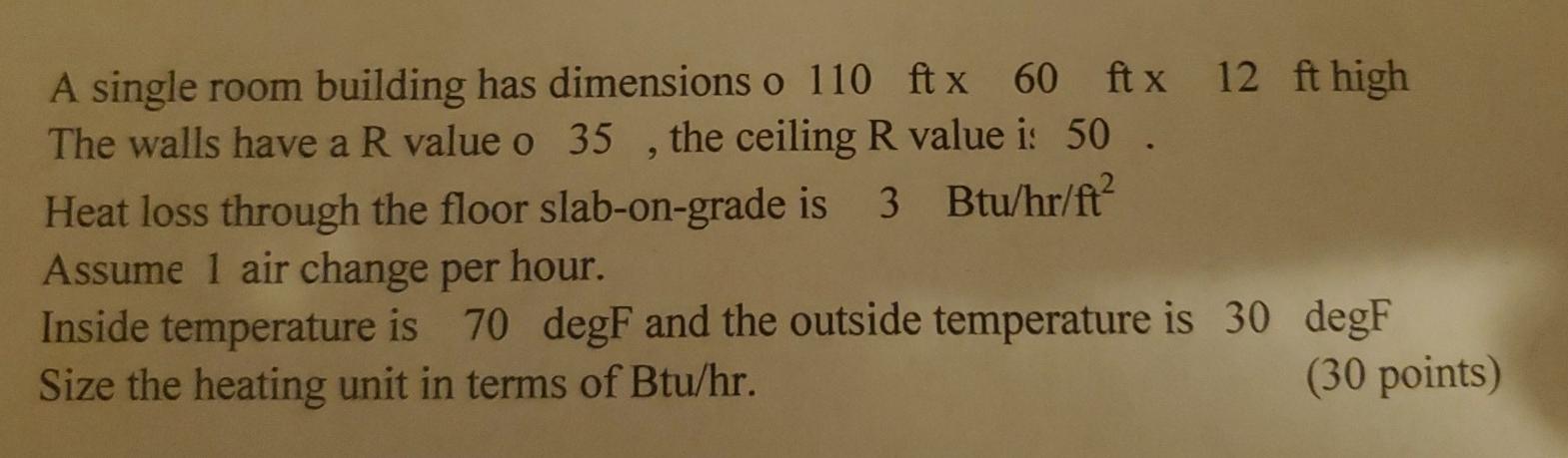 Solved A single room building has dimensions o 110 ft x 60 | Chegg.com