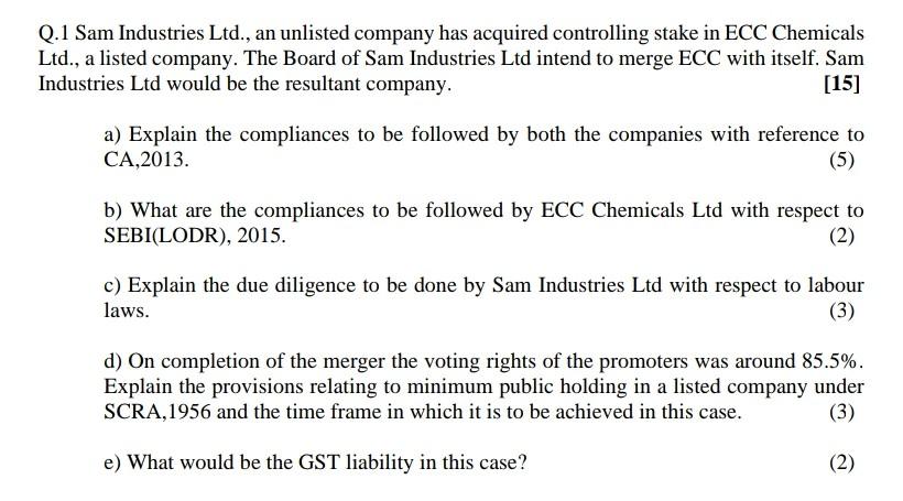 Solved Q.1 Sam Industries Ltd., an unlisted company has | Chegg.com