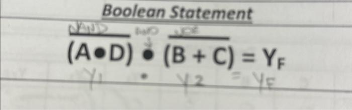 Solved Boolean Statement (A∙D)∙(B+C)=YF | Chegg.com