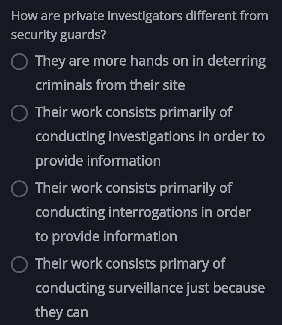 Solved How are private investigators different from security | Chegg.com
