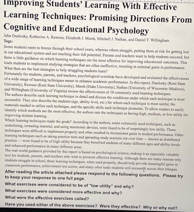 Solved Improving Students' Learning With Effective Learning | Chegg.com