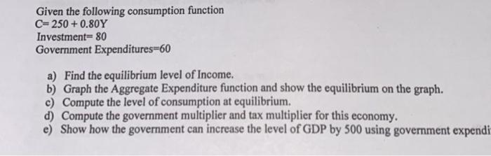 Solved Given the following consumption function C=250+0.80Y | Chegg.com