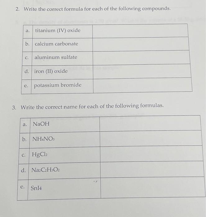 Solved 2. Write the correct formula for each of the | Chegg.com