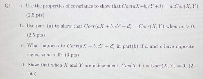Solved Q1. a. Use the properties of covariance to show that | Chegg.com