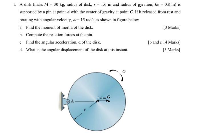 Solved 1. A disk (mass M=30 kg, radius of disk, r=1.6 m and | Chegg.com