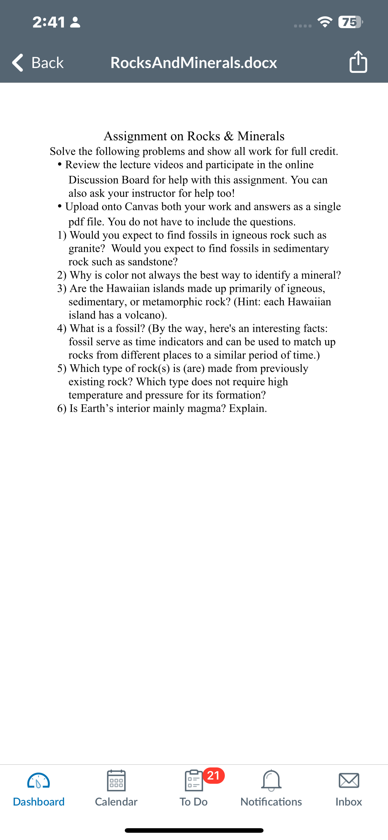 Solved 2:41 8 -ロ75BackRocksAndMinerals.docxAssignment on | Chegg.com