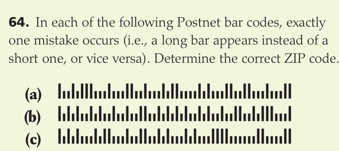 Solved In each of the following Postnet bar codes, exactly | Chegg.com