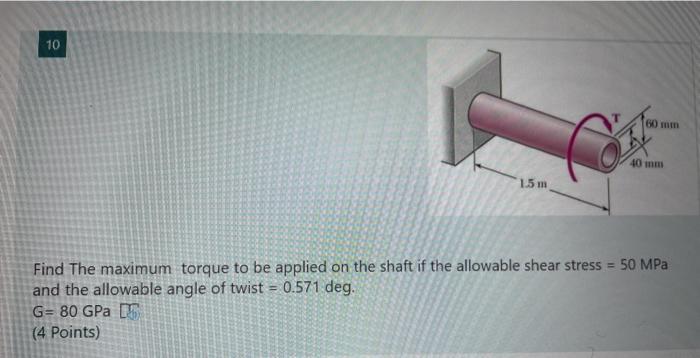 Solved 10 40 mm 1.5 m Find The maximum torque to be applied | Chegg.com